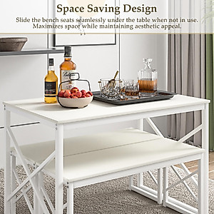 VECELO Kitchen Dining Table Set for 4, 43.3" Wood Rectangle Dinette with 2 Benches, Heavy-Duty Metal Frame for Small Space, Breakfast Nook, White