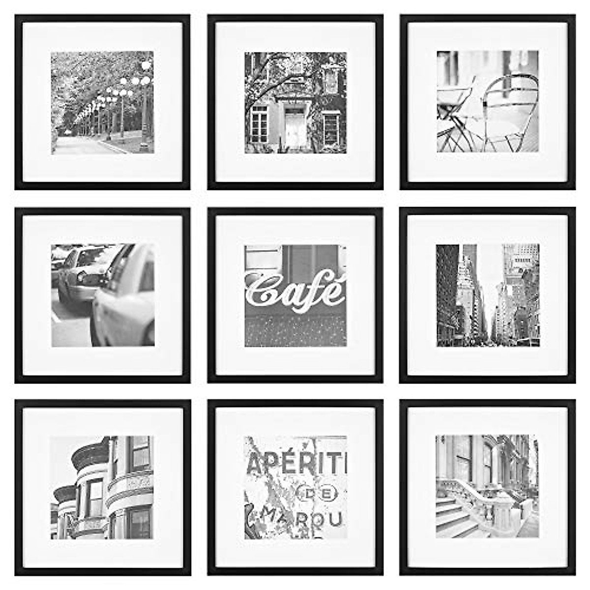 Gallery Perfect 9 Piece Black Square Photo Frame Gallery Wall Kit with Decorative Art Prints & Hanging Template