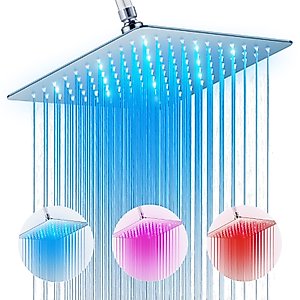 Rain Shower Head, High Pressure 10'' LED Shower Head, Anti-Clogging Fixed Rainfall Shower Head with Temperature Controlled Color Changing, 360°Adjustable Brass Ball Joint, Square, Chrome