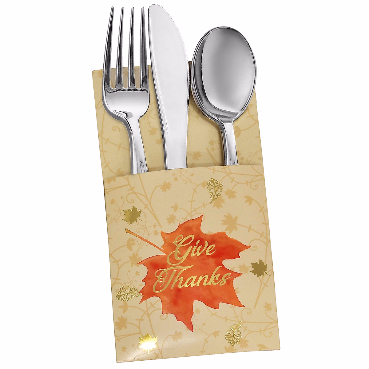36 Thanksgiving Utensil Cutlery Holders Gold Foil with Give Thanks Maple Leaf Silverware Paper Pouch Pockets Harvest Autumn Table Place Settings Fall Tableware Party Supplies Decorations Gift Boutique