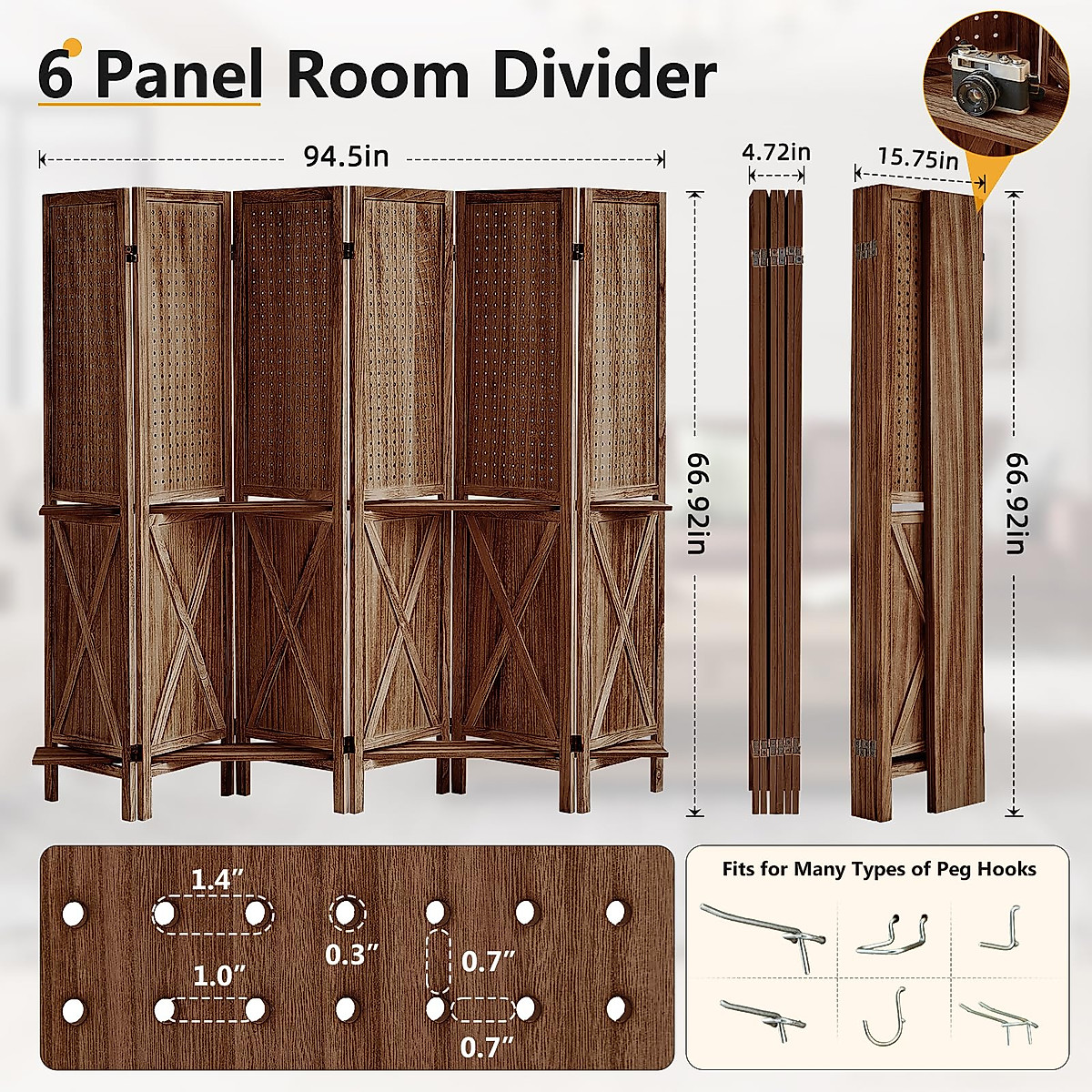ALeesing 6 Panel Pegboard Display with 24 Hooks, Wooden Pegboard Room Divider Wall with Shelf, Rustic Room Dividers and Folding Privacy Screens, Bedroom, Jewelry Store, Brown