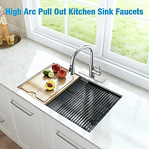 LEPO Brushed Nickel Pull Out Kitchen Sink Faucet, Modern Stainless Steel Single Handle High Arc Rv Faucet with Pull Down Sprayer and Deck Plate