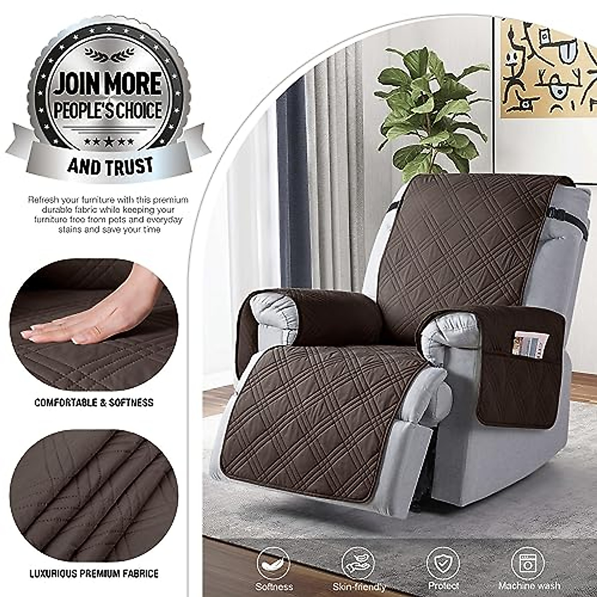 TAOCOCO 100% Waterproof Recliner Chair Cover, Oversized Recliner Covers for Large Recliner Chair with Double Straps, Non Slip Reclining Chair Cover for Kids, Pets(Oversized Recliner, Chocolate)