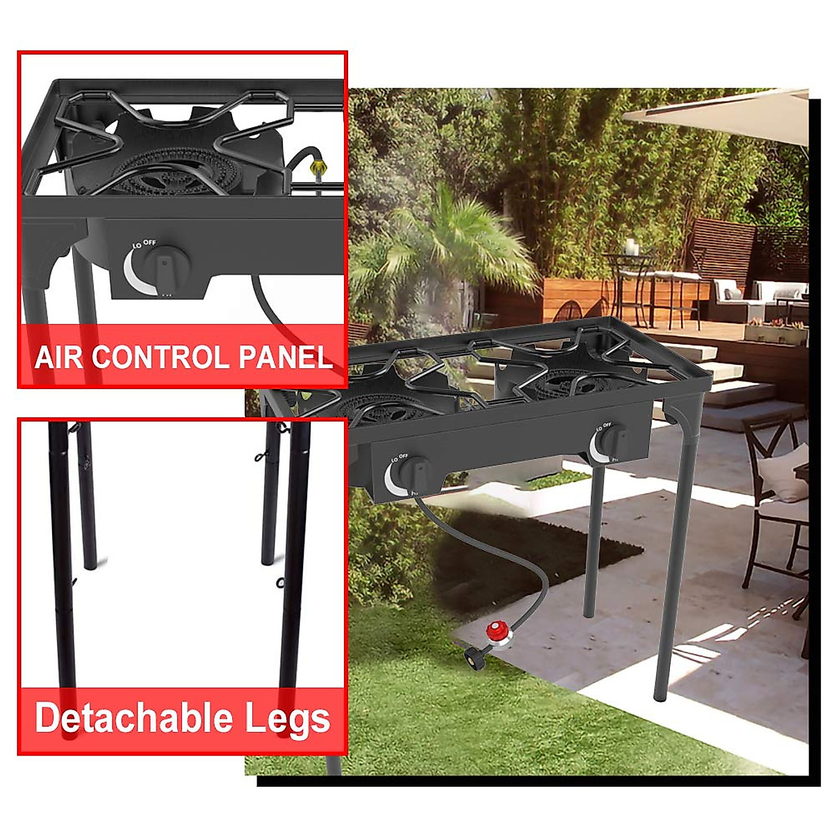 Outdoor & Indoor Portable Propane Stove, Single & Double Burners with Gas Premium Hose, Detachable Legs for Backyard Kitchen, Camping Grill, Hiking Cooking, Outdoor Recreation (DB02-Large,2 Burners)