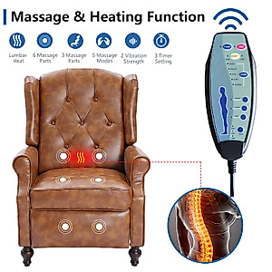 Consofa Wingback Recliner Chair with Heat and Massage, PU Leather Push Back Recliner Chair for Living Room, Vintage Wingback Recliner with Remote Control,Padded Cushion,Backrest,Wooden Legs