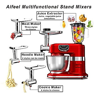Stand Mixer, 8.5QT 8 in 1 Multifunctional Kitchen Electric Mixer with Dough Hook, Whisk, Beater,Meat Grinder, Blender, Pasta attachment, 5-Speed with LED Key (Red)