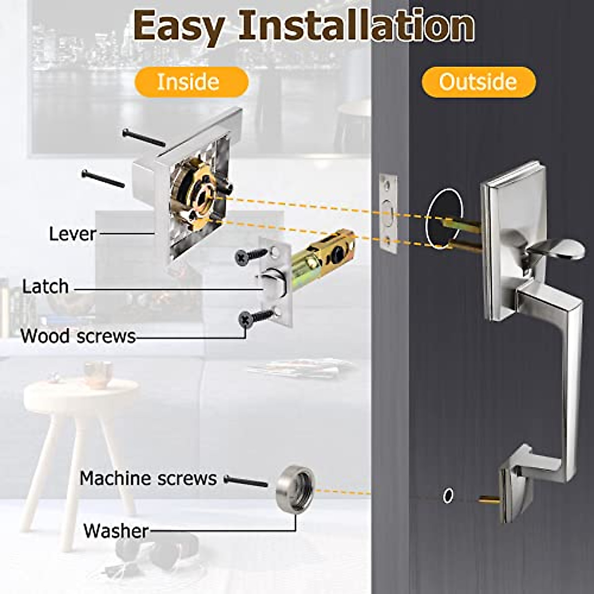 Azdele Front Door Handle Set, Entry Door Handle Set with Door Lever Reversible for Right and Left Handed Doors, Single Cylinder Exterior Door Handleset with Lower Half Lever, Satin Nickel