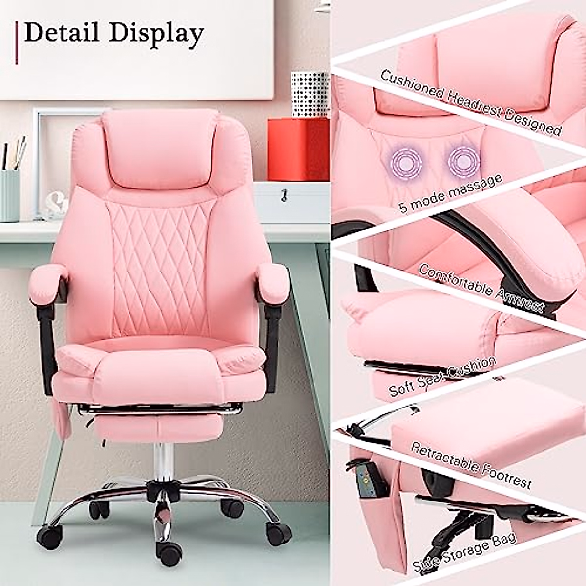 Belandi Massage Office Chair, Diamond-Stitched PU Leather Executive Office Chair High Back Massage Computer Desk Chair with Heated, Footrest, Padded Armrest, Adjustable Height (Pink)