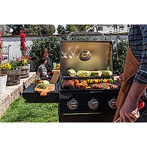 Nexgrill Premium 3 Burner Propane Barbecue Gas Grill, Side Table Open Chart with Wheels, Outdoor Cooking, Patio, Garden Barbecue Grill, 27000 BTUs, Black and Silver