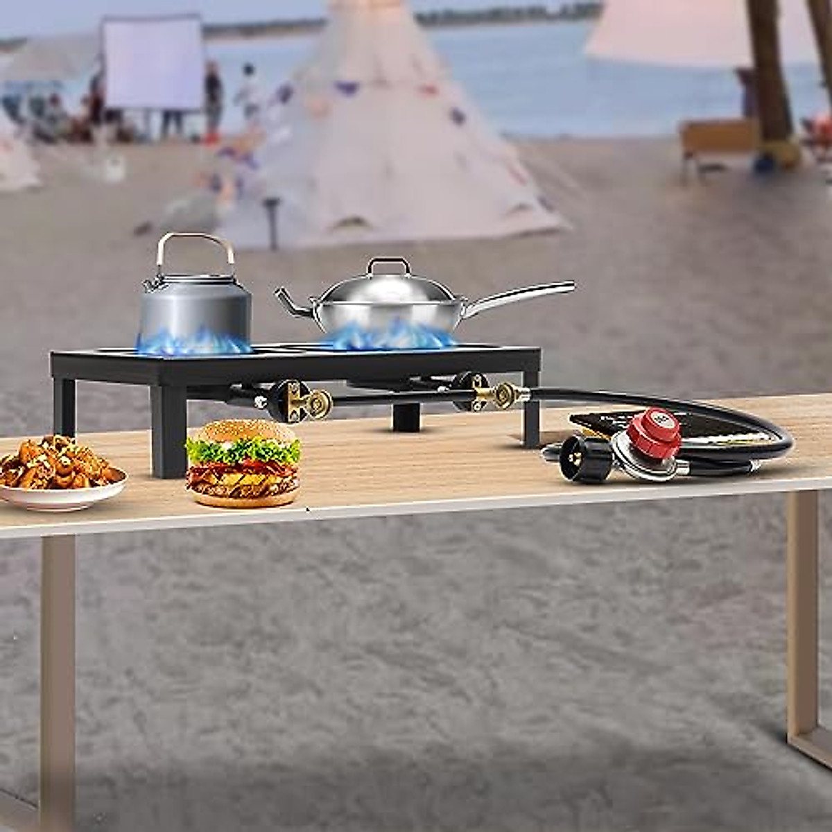 WenDissy Portable Double Burner Outdoor Gas Stove Propane Cooker with Adjustable 0-20 PSI Regulator Hose for Outdoor Cooking Picnics Camping BBQ Hiking