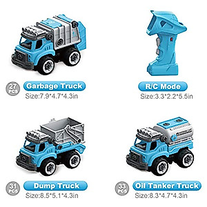 Fistone Take Apart Toy 3 in 1 Remote Control Stem Trucks with Electric Drill and Screwdriver City Squad Building Vehicle Play Toys for Boys Kids