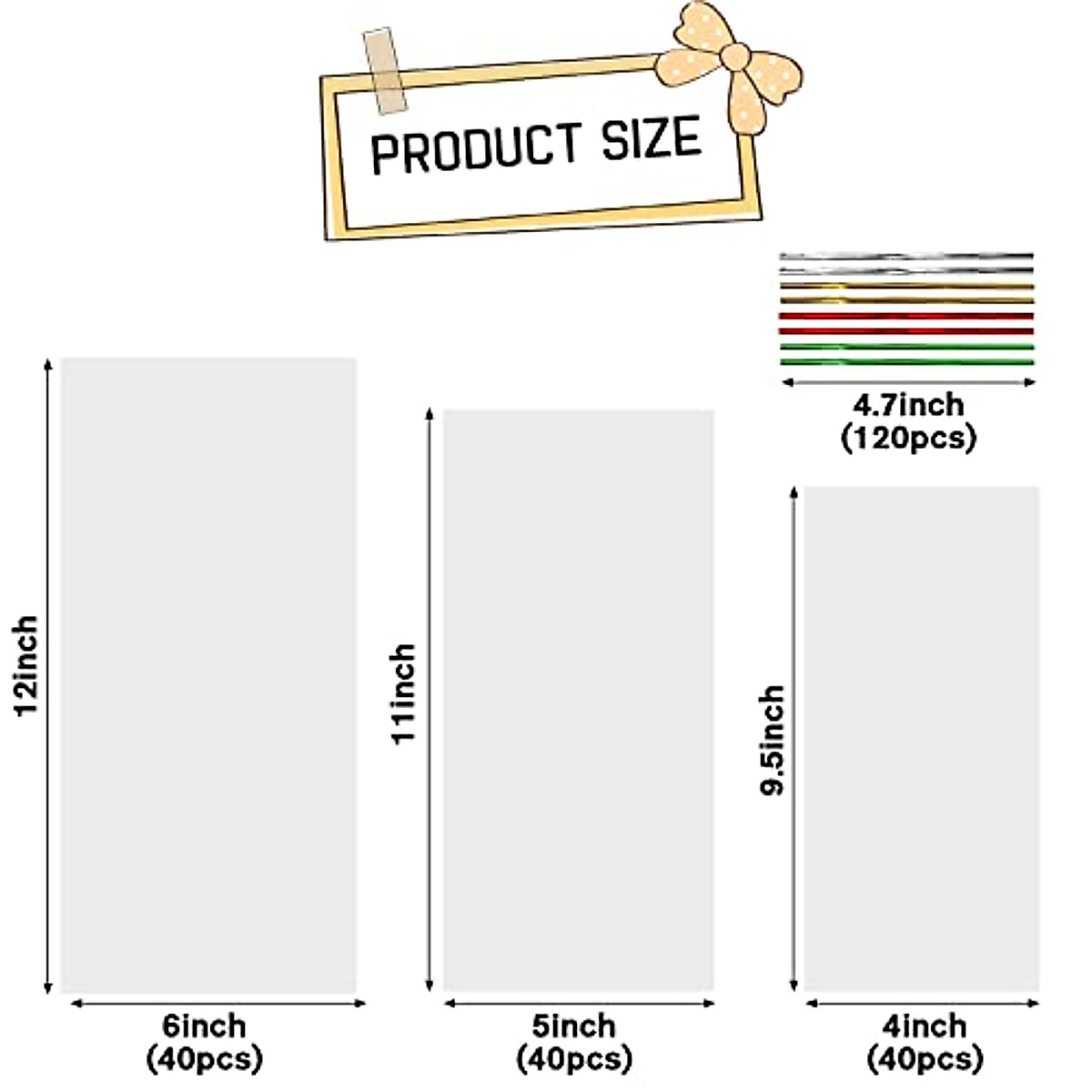 QTOP Cellophane Bags Cookie Bags Cellophane Treat Bags 3 Sizes 110 PCS cookie bags with Twist Ties for Birthday Party Favors, Valentines, Halloween, Christmas, Wedding（4x9.5 5x11 6x12 inches）