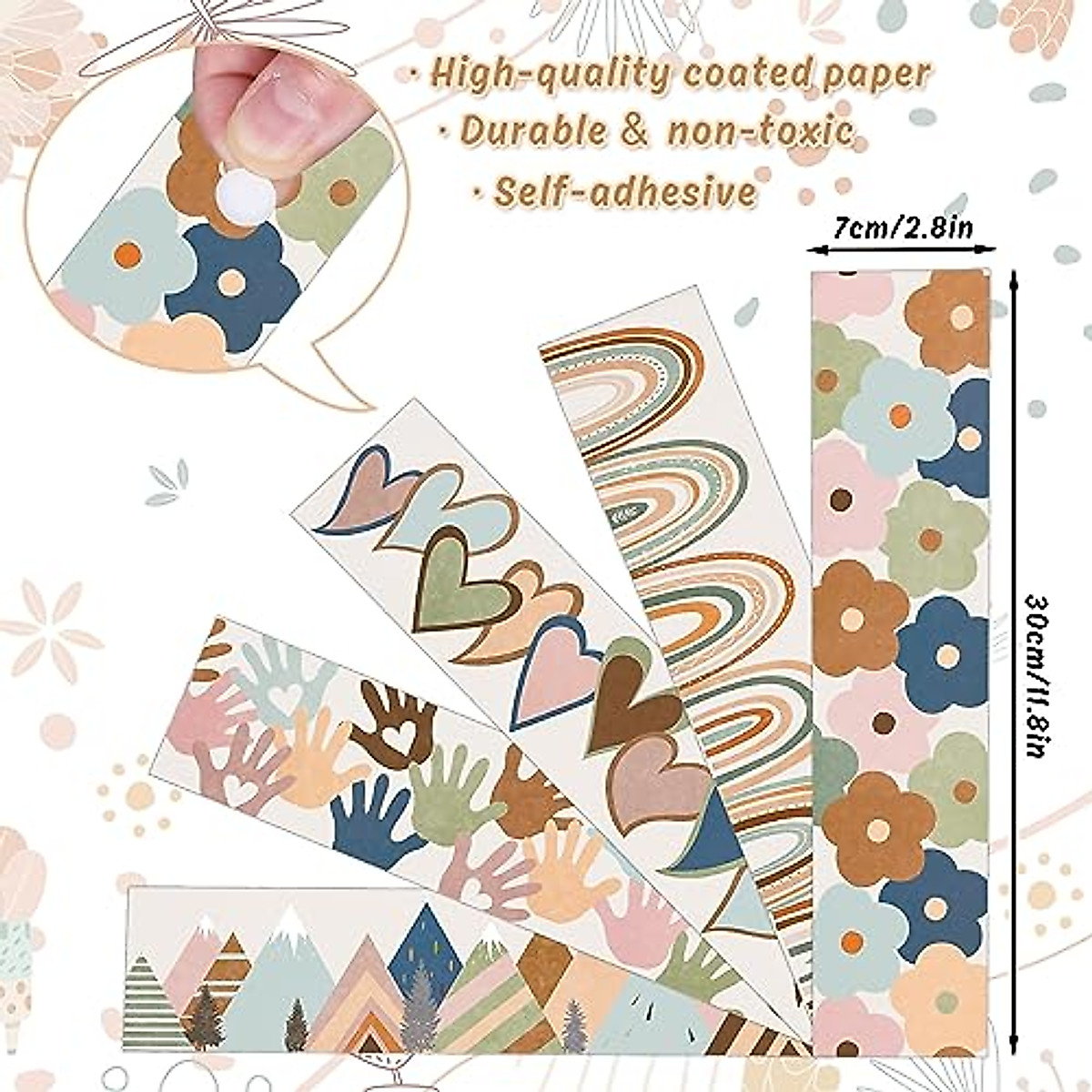 AnyDesign 60Pcs Boho Morandi Bulletin Board Borders with 100Pcs Glue Points 5 Design Heart Rainbow Handprint Die-Cut Trim Borders Classroom Borders for School Classroom Office Chalkboard Decorations