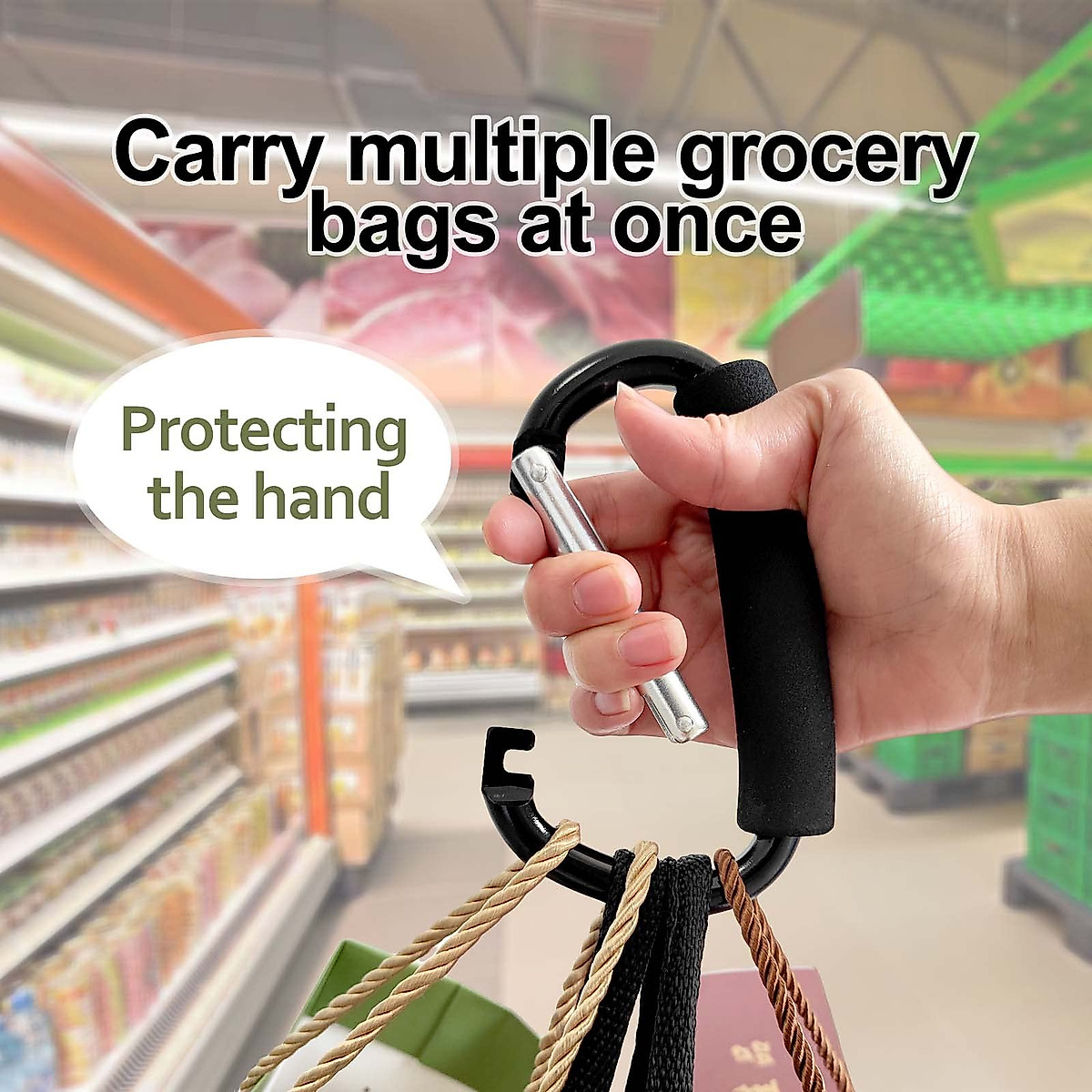 2 PCS Strong Stroller Hooks for Bags, Car Headrest Hook, Grocery Bag Hooks Large Carabiner Heavy-Duty Clip Hook for Groceries, Dog Leashes, Purses - 5.5"