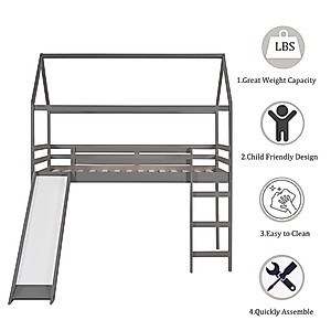 Harper & Bright Designs Twin Size Loft Bed with Slide, Kids House Loft Bed Frame with Ladder, Wood Twin Bed with Safety Rail for Kids Boys Girls, No Box Spring Needed, Grey