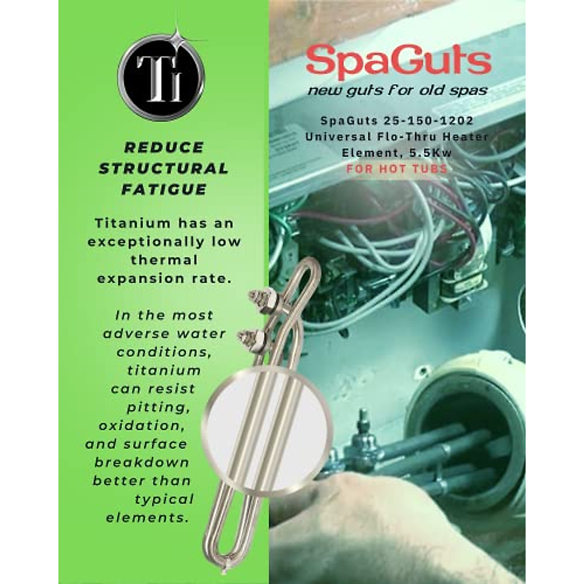 SpaGuts 25-150-1202 Universal Flo-Thru Heater Element, 5.5Kw, Titanium