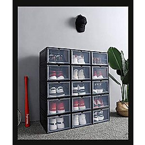 stackable sports shoe box, rear-opening magnetic door shoe box,Transparent Shoe Storage Container , large sturdy storage box | Family organization and storage (black, 4Piece)