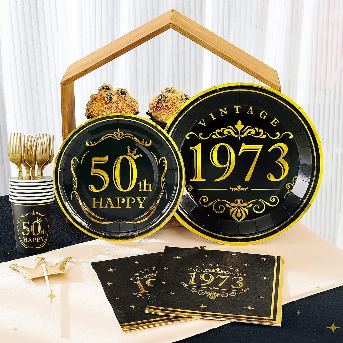 50th Birthday Party 122 PCS Plates Forks Cups Napkins and Tablecloths - Disposable Paper Dinnerware Set Women Men Vintage 1973 Party 50 Years Old Retirement Party Tableware Serves 24 Guests