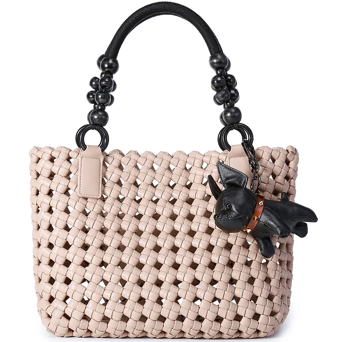 Queenoris Woven Tote Bags for Women, Large Hollow-out Vegan Leather Fashion Top-handle Purse Shopper Bag Travel Bag (Apricot)