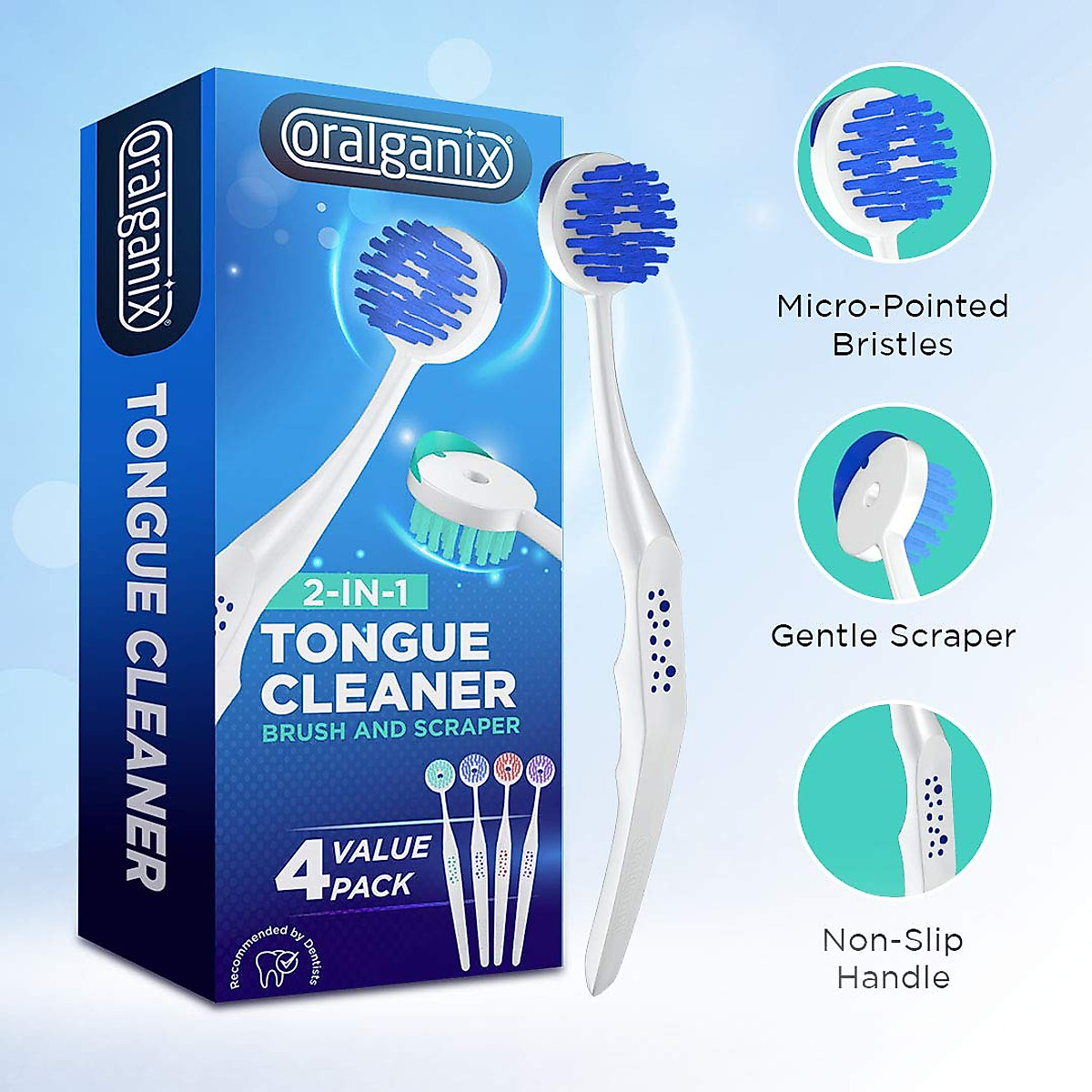 Oralganix 2-in-1 Tongue Cleaner - 4 Pack - Multicolor Tongue Brush and Scraper Tools