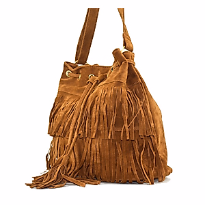 Heidi Bag Women's Fringed Bucket Purse Tassel Faux Suede Shoulder Bag Ring Top-Handle Crossbody Bag (brown)
