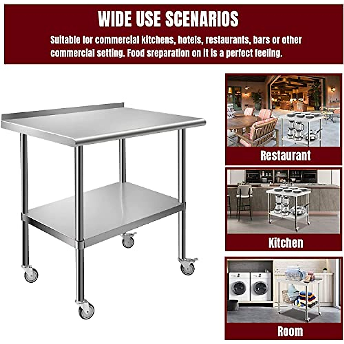 MYOYAY Commercial Stainless Steel Table with Caster Wheels 36"x24" Kitchen Worktables with Backsplashs Prep Food Workbench Under Shelf 330~550lbs Capacity for Restaurant