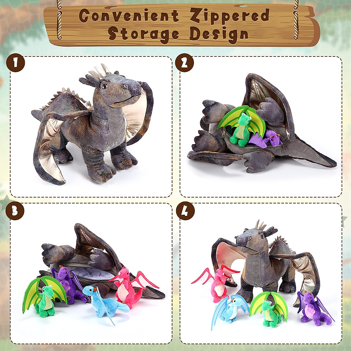 HyDren 5 Pcs Dragon Plush Stuffed Animal 16 Inch Giant Mommy Dragon Plush with 4 Pcs Babies Dragons in Zippered Belly for Kids Birthday Children's Day Gifts Dragon Plush Toy Classroom Prizes