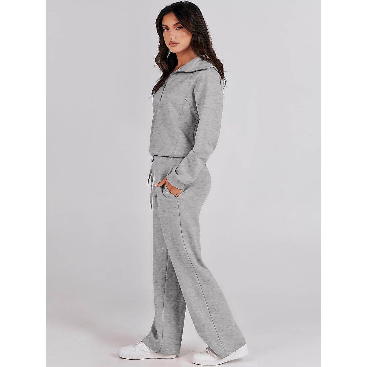 ANRABESS Women 2 Piece Outfits Sweatsuit Oversized Sweatshirt Sweatpants Tracksuit Sweat Lounge Matching Set 2025 Fall Trendy Light Grey X-Large