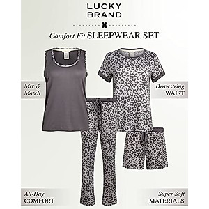 Lucky Brand Women's Pajama Set - 4 Piece Sleep Shirt, Tank Top, Pajama Pants, Lounge Shorts (S-XL), Size Large, Grey
