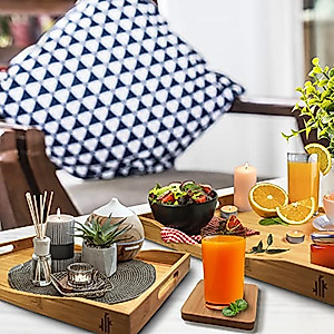 Serving Tray Bundled , with Coasters 2 Wooden & 4 Matching Handles Trays Sizes Bamboo Unfinished Wood Coasters, Light Golden (WDTRY001)