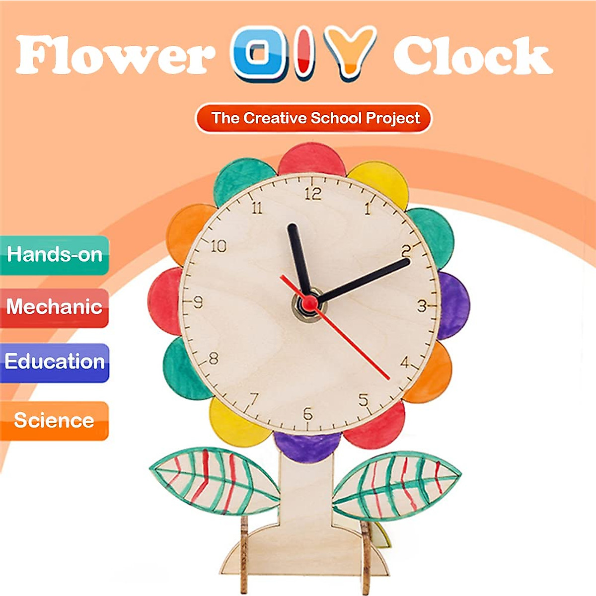 Pica Toys Wooden DIY Desk Clock for Kids - 5 inches Silent Non Ticking Battery Operated - School Project, Bedroom Decor, Creative Art Kit for Boys and Girls Age 8 9 10 11 12 13 14