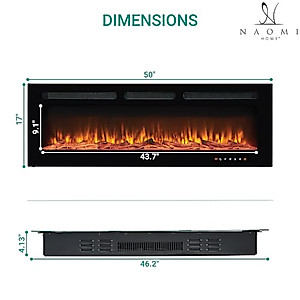 Alice 50" Electric Fireplace Inserts Recessed, Wall Mounted Fireplace LED Fireplace with 12 Flame Colors, Touch Screen, Remote Control, Timer, Carbon & Crystal Stones 500W/1500W - 50 inches