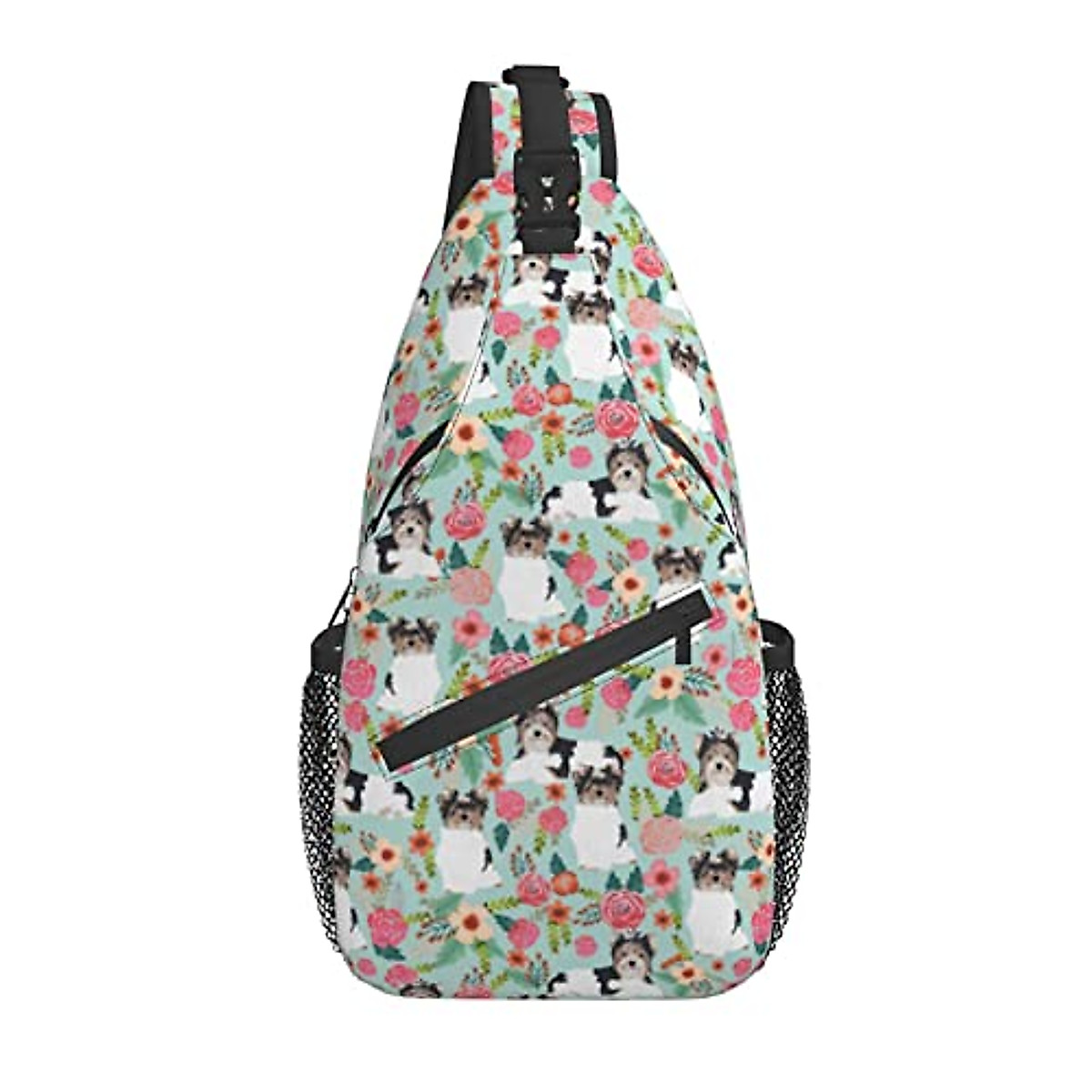 Cute Biewer Terrier Dogs Rose Flower Floral Funny Animal Dog Puppy Sling Bag Folding Chest Shoulder Backpack Crossbody Bags For Men Woman Travel Gym School Ipad Camera 3D Print Backpacks Holiday Gifts