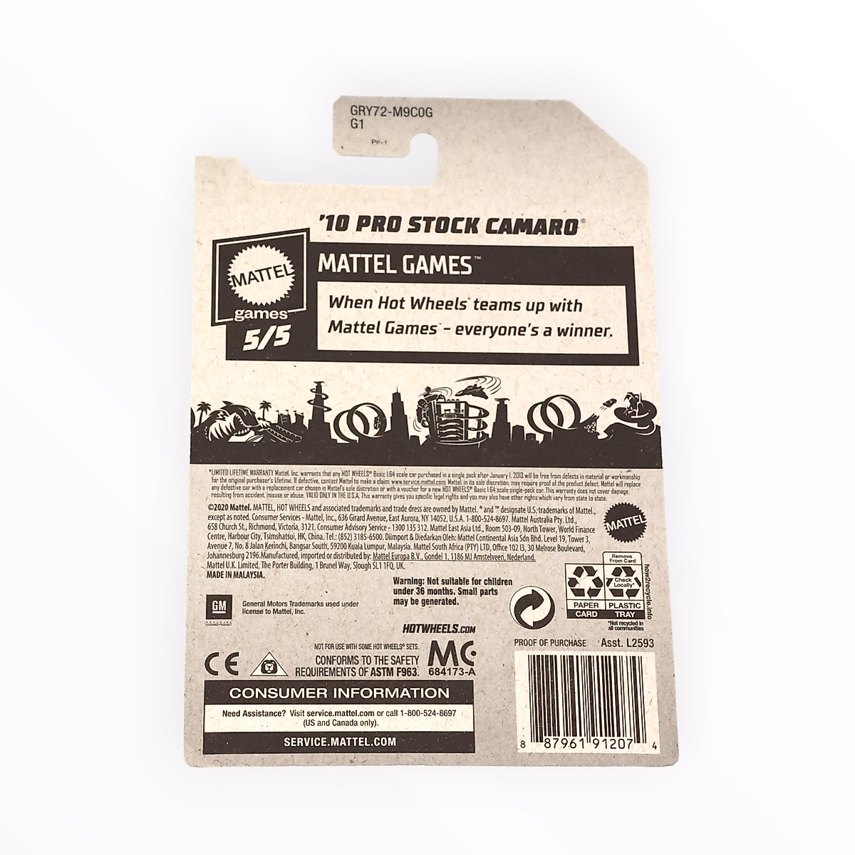 DieCast Hotwheels '10 Pro Stock Camaro, Games 5/5 [Yellow] 149/250