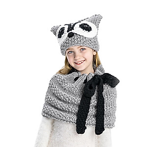 2 Pieces Kids Winter Warm Knitted Hats and Scarf Set Cute Owl Knit Beanie Hat with Scarf for Boys Girls 3-9 Year (Gray)