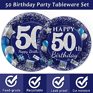 96 Pcs 50th Birthday Party Supplies Navy Blue and Silver Birthday Plates 50th Birthday Paper Tableware Happy Birthday Party Plates and Napkins Forks Blue Birthday Table Decorations for 24 Guests