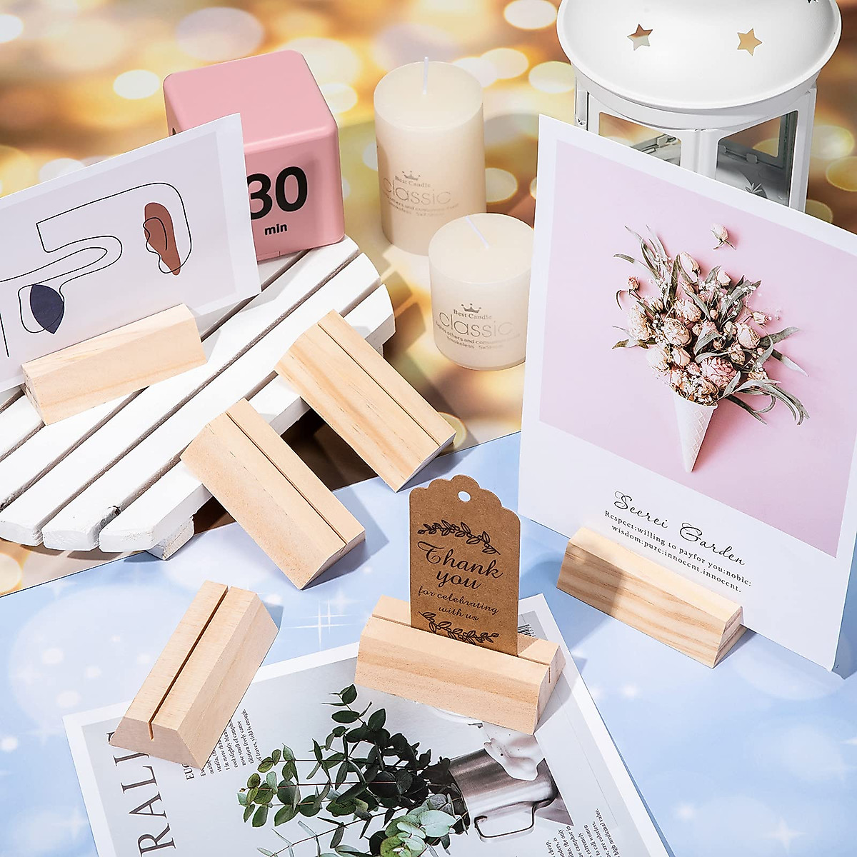 12 Pieces Wood Place Card Holders Trapezoidal Wooden Table Number Holder Sign Support Stands for Name Card for Wedding Retail Shop Birthday Party Events Home Decoration (0.06 Inches)