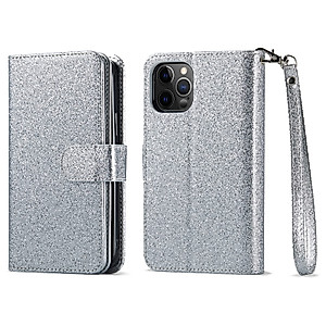Varikke for iPhone 15 Pro Wallet Case, Detachable iPhone 15 Pro Case Magnetic Wallet for Women with Card Holder & Kickstand, Glitter PU Leather Wrist Strap Phone Cases for iPhone 15 Pro 6.1", Silver