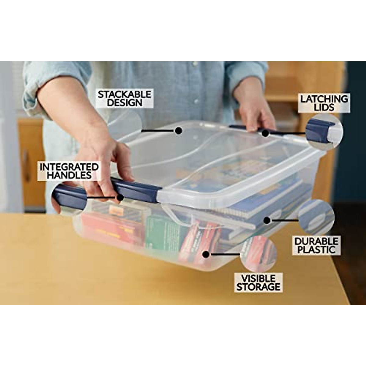 Rubbermaid Cleverstore Clear 16 Qt/4 Gal, Pack of 6 Stackable Plastic Storage Containers with Durable Latching Clear Lids, Visible Organization, Great for Classroom, Underbed, and Kitchen Storage