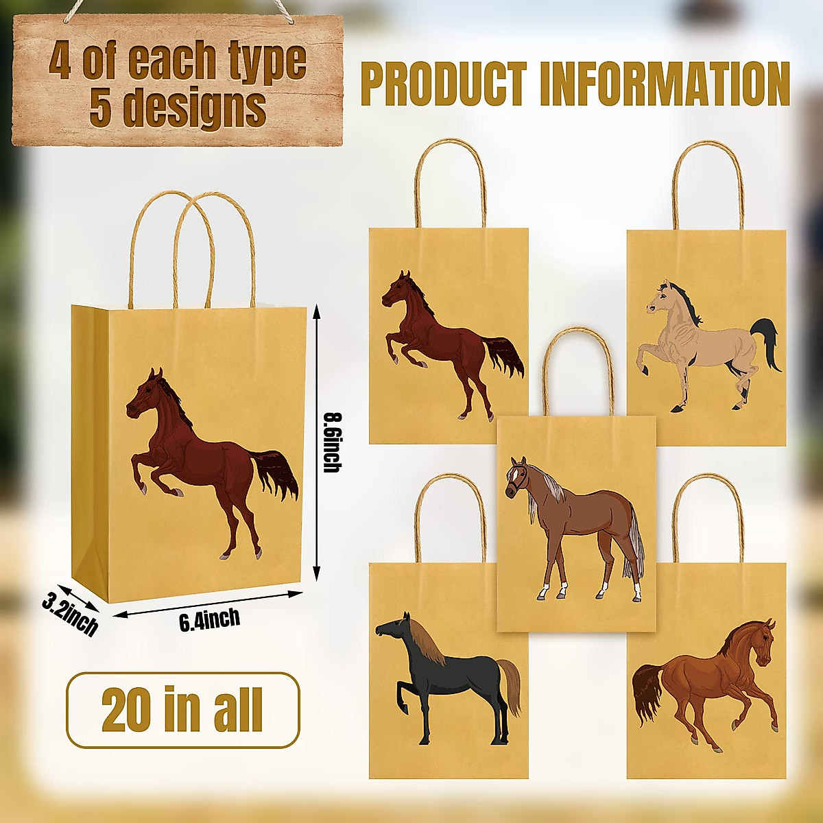 Colarr 20 Pieces Horse Party Favor Bags Horse Theme Good Gift Bags with Handles Horse Birthday Treat Bags for Western Horse Party Supplies