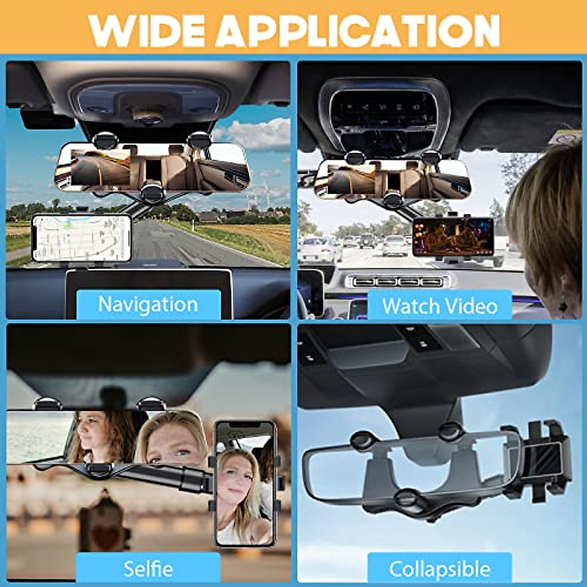 Rearview Mirror Phone Holder for Car,2023 Rotatable and Retractable Car Phone Holder Mount Universal Multifunctional 360° Rear View Mirror Phone Holder Pro Clip Car Mirror Phone Mount for Mobile Phone