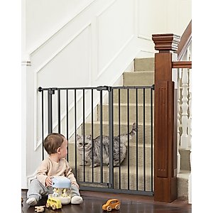 InnoTruth 28.9-42.1" Wide Baby Gate for Stairs, 30" Tall Dog Gates for Doorways Expandable One-Hand Open, Easy Walk Through Dual Lock Metal Pet Gates for Dogs, Black-Family & Mom's Choice Award Winner