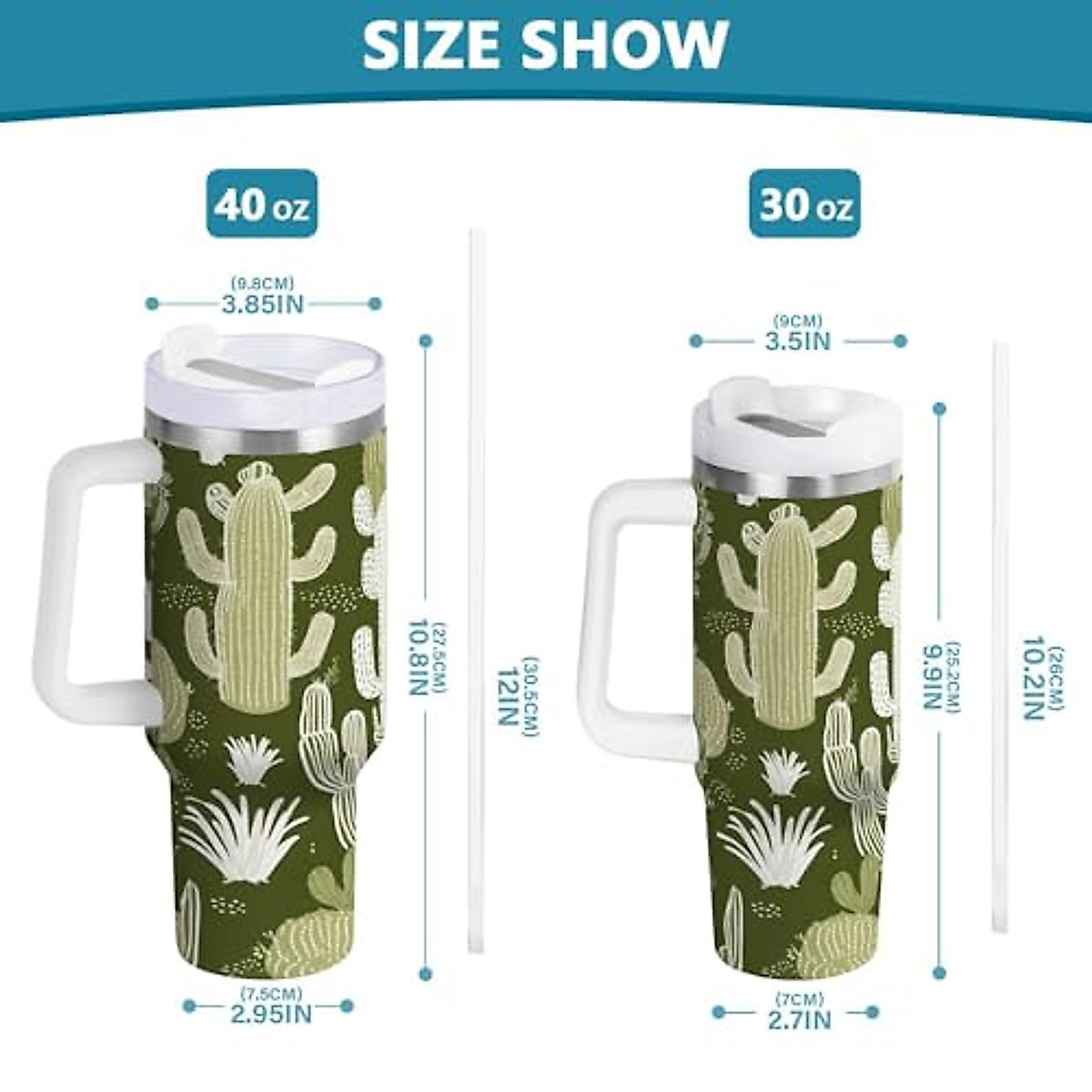 Jihqo Cute Cactus Green 40 oz Stainless Steel Vacuum Insulated Tumbler with Handle and Straw Lid, Leakproof Water Bottle Double Wall Travel Mug Coffee Cup, Cupholder Friendly