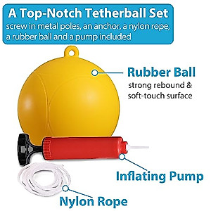 Tetherball Ball and Rope Set Pole Equipment, Probable Tether Balls Set with Heavy Duty Anchor for Peach Sand, Backyard, Playground, 2.8-8.7 FT Height Adjustable Metal Pole, Soft Paddled Rubber Ball