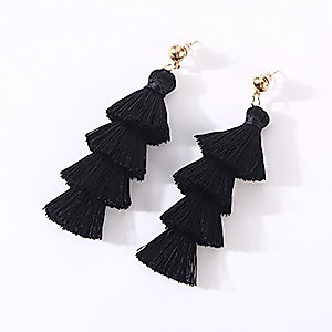 BaubleStar Fashion Gold Tassel Dangle Earrings Layered Long Bonita Tiered Black Thread Tassel Drop Statement Jewelry for Women