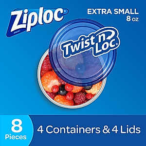 Ziploc Extra Small Round Twist 'n Loc Food Storage Meal Prep Containers, Reusable for Lunch and Leftovers, Dishwasher Safe, 4 Containers and 4 Lids