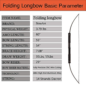 SinoArt 59" Folding Bow Black Alloy Archery Bow Right Hand for Hunting or Target (35Lbs)