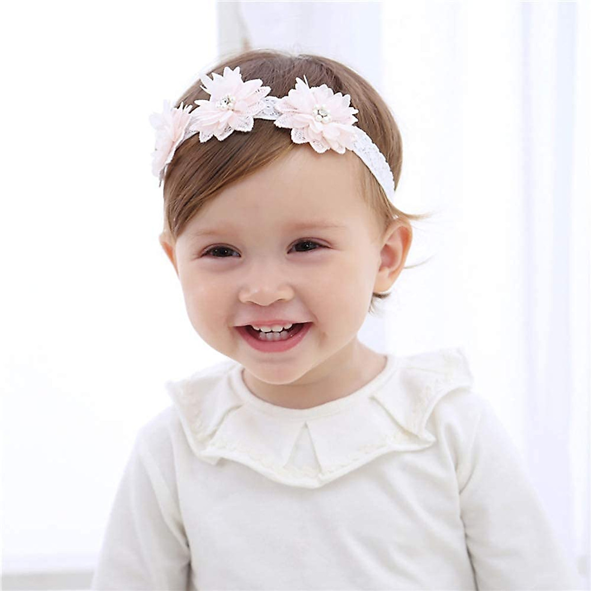 Baby Toddler Elastic Chiffon Flower Headbands Princess Girls Hand Sewing Beads Flower Headwear Nylon (QJ318)