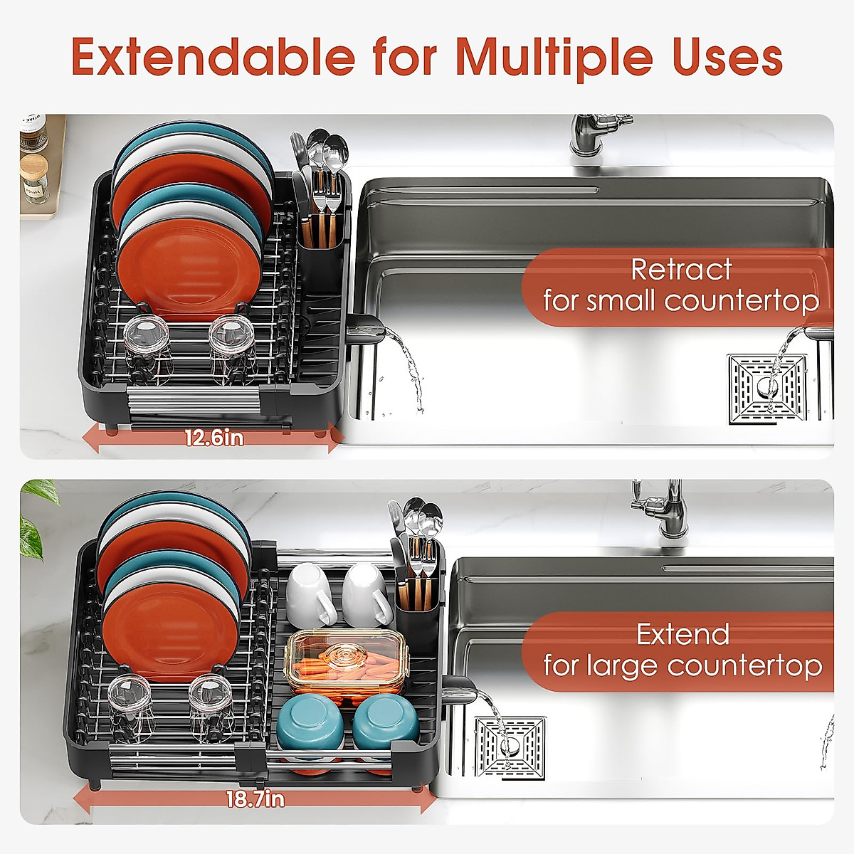 TOOLF Extendable Dish Rack, Dual Part Dish Drainers with Non-Scratch and Movable Cutlery Drainer and Drainage Spout, Adjustable Dish Drying Rack for Kitchen, 1 Piece Black