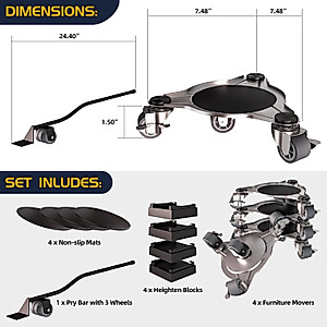 ENMEN Furniture Movers with Wheels – 19cm Thickened Steel Frame Furniture Dolly 4 Wheels with Pry Bar & Heightening Blocks, 360° Furniture Lifters for Heavy Furniture for 1800Lbs – Large